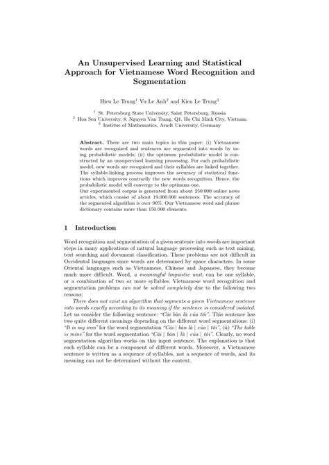 Pdf An Unsupervised Learning And Statistical Approach For Vietnamese Word Recognition And