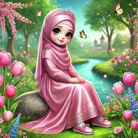 بک گراند کودکانه دختر کوچولوی ناز با حجاب با لباس صورتی نشسته روی تخته