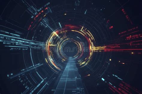 Futuristic Digital Tunnel With Vibrant Lines And Binary Code Stock