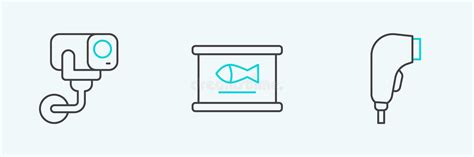 Set Line Scanner Scanning Bar Code Security Camera And Canned Fish Icon Vector Stock Vector