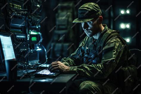 Premium Ai Image Caucasian Male Army Technician In Camouflaged Costume And Hat Typing On