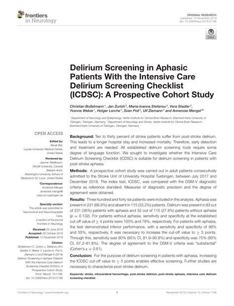 Pdf Delirium Screening In Aphasic Patients With The Intensive Care