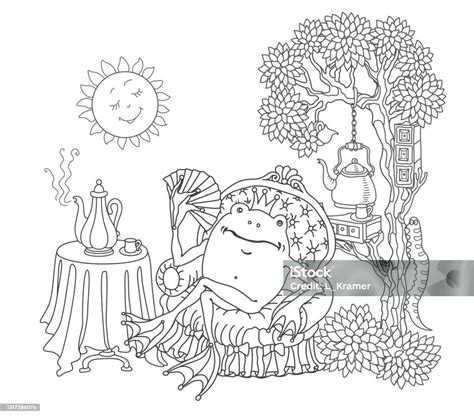 테이블에서 커피를 마시는 팔 의자에 재미 행복 동화 개구리 선형 흑백 낙서 스케치 티셔츠 프린트 성인 색칠 공부 페이지 포스터 스트리트 카페 메뉴 커버 개구리에 대한 스톡