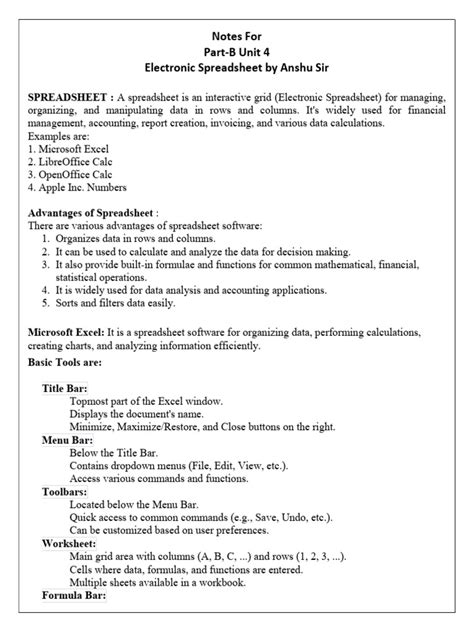 Notes For Partb Unit4 Electronic Spreadsheet Pdf Spreadsheet Microsoft Excel