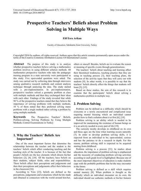 Pdf Prospective Teachers Beliefs About Problem Solving In Multiple Ways