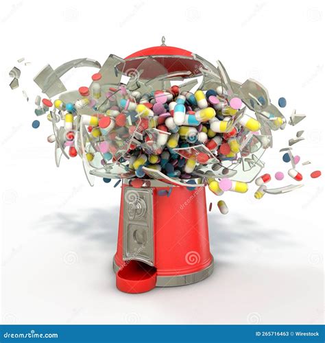 3d Rendering Illustration Of A Red Gumball Machine Full Of Pills Exploding Stock Illustration