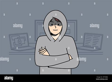 Young Man In Hood Standing Near Computers Hacking Internal Operations System Suspicious Male