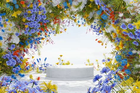 Abstact 3d 렌더링 겨울 장면과 자연 연단 배경 눈 동굴의 눈 땅에 얼음 연단은 제품 디스플레이 광고 등을 위해 다채로운