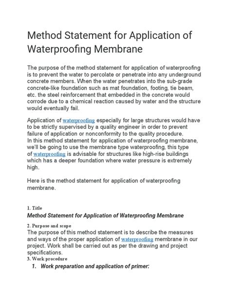 Waterproofing Membrane Method Statement Pdf Concrete Building