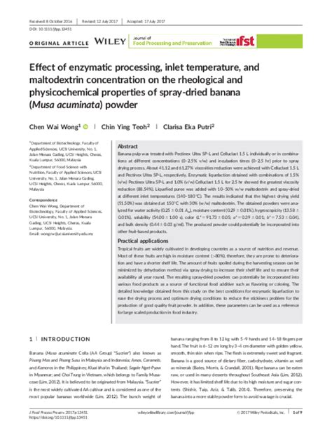 Pdf Effect Of Enzymatic Processing Inlet Temperature And Maltodextrin Concentration On The