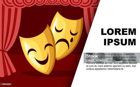 코미디와 비극 연극 마스크 황금 극장 마스크 그리스 문화 빨간색 스테이지 배경의 플랫 벡터 그림입니다 텍스트에 배치합니다 광고 전단지 또는 인사말 카드 디자인 슬픈 가면에