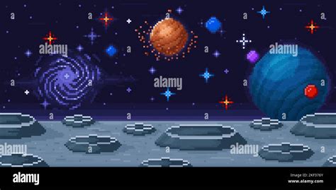 Pixel Art Planet Surface Space Arcade 8 Bit Videogame Location Moon Landscape And Galaxy Sky