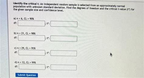 Solved Identify The Critical T An Independent Random Sample