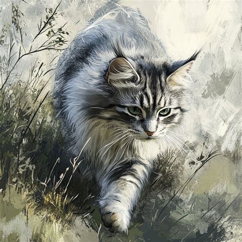 Siberian Cat Running In The Field Sketch Color Drawing Stock Illustration Illustration Of