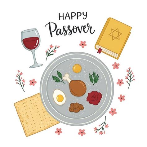 Happy Passover Seder Plate And Wine Stock Illustration Illustration
