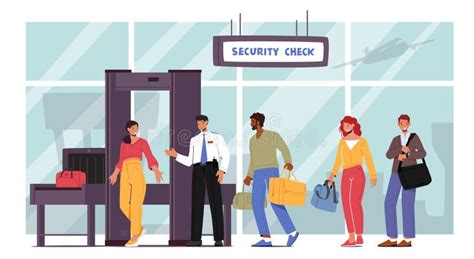 People Pass Security Check Characters In Airport Pass Through Metal