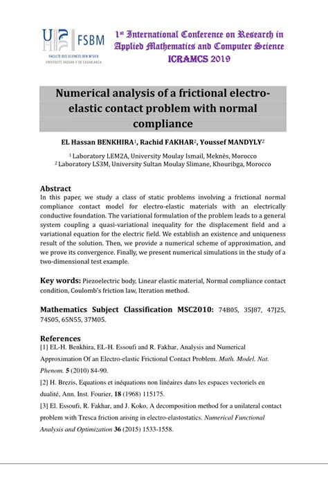 pdf numerical analysis of a frictional electro elastic contact