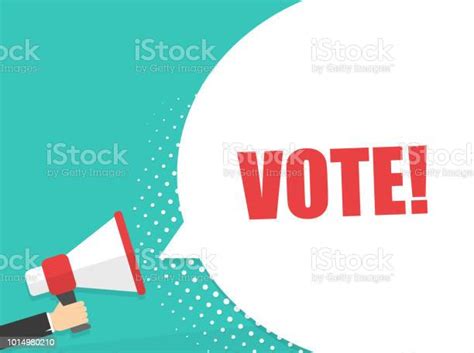 남성 손 투표와 확성기를 들고 연설 거품이 있다입니다 스피커입니다 비즈니스 마케팅 및 광고 배너입니다 벡터 일러스트입니다 투표에 대한 스톡 벡터 아트 및 기타 이미지