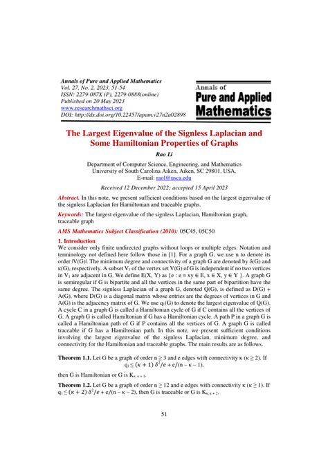 Pdf The Largest Eigenvalue Of The Signless Laplacian And Some Hamiltonian Properties Of Graphs