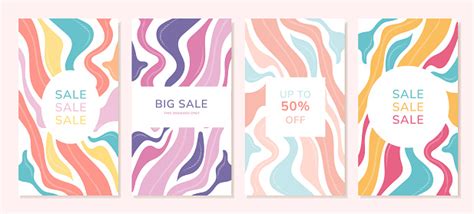 소셜 미디어 이야기 게시물 블로그 판매 및 홍보를위한 편집 가능한 템플릿 레이아웃 빈티지 색상의 웹 및 모바일 앱을위한 현대적인 색상 파동 0명에 대한 스톡 벡터 아트 및