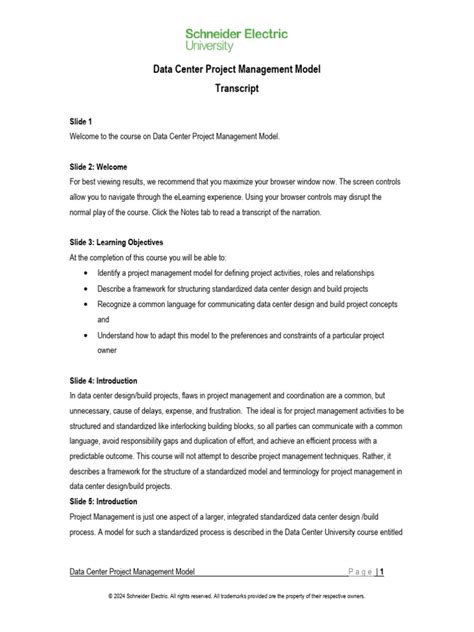 Data Center Project Management Model Transcript Pdf Project