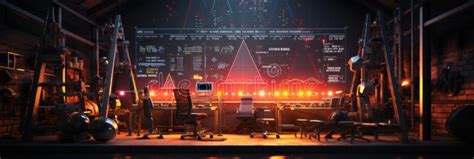 A Dark Room With A Computer Desk And Chairs Generative Ai Image Stock