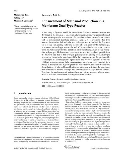 Pdf Enhancement Of Methanol Production In A Membrane Dual Type Reactor Dokumentips