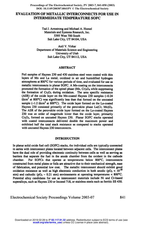 Pdf Evaluation Of Metallic Interconnects For Use In Intermediate Temperature Sofc