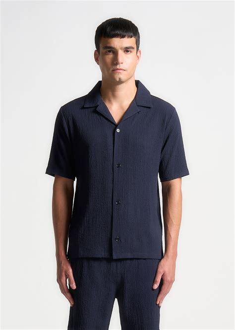 Seersucker Short Sleeve Shirt With Button Down Collar Navy Manière