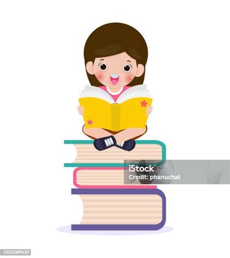 귀여운 어린 학교 아이들은 앉아서 책의 스택에 책을 읽고 책 더미의 상단에 책을 읽고 행복한 학생 학교 플랫 벡터 일러스트 고립
