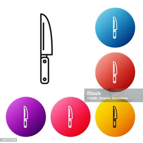 흰색 배경에 격리 된 검은 색 선 칼 아이콘입니다 칼 기호입니다 아이콘 다채로운 원 버튼을 설정합니다 벡터 일러스트레이션 강철에 대한 스톡 벡터 아트 및 기타 이미지