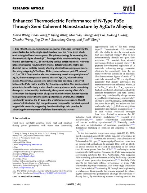 Enhanced Thermoelectric Performance Of N‐type Pbse Through Semi‐coherent Nanostructure By Agcute
