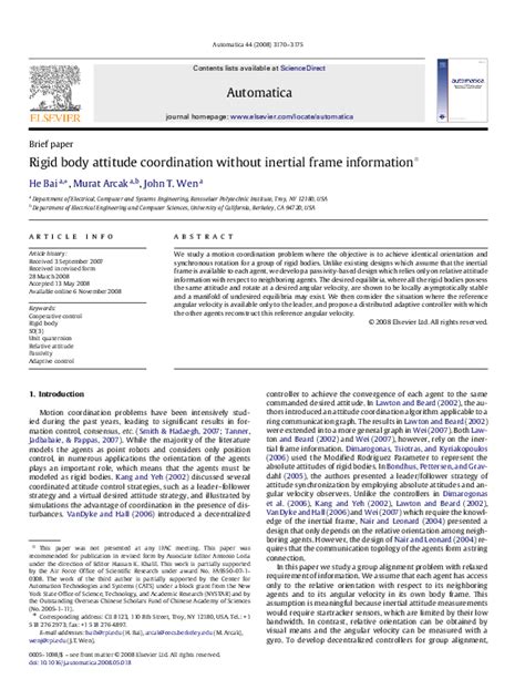 Pdf Rigid Body Attitude Coordination Without Inertial Frame Information