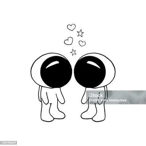 우주 비행사와 마음과 별이 인쇄됩니다 카드 포스터 스티커템플릿 벡터 핸드를 그린다 흑백 미니멀리즘 공간 사랑 커플 발렌타인 데이 결혼식 T 셔츠에 대한 스톡 벡터 아트 및