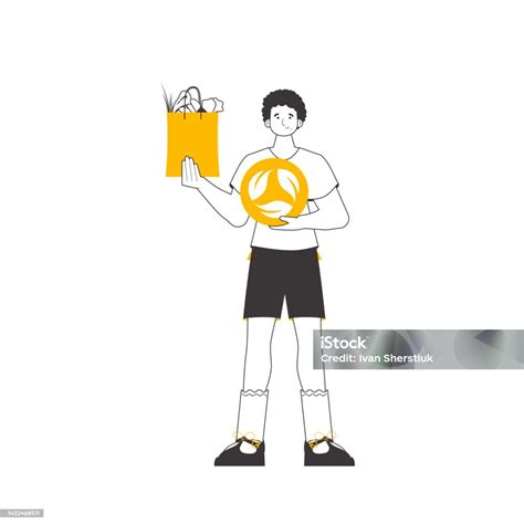 소년 제품과 에코 로고가있는 패키지 합리적인 소비의 개념 선화 스타일 흰색 배경에 고립되어 있습니다 벡터 일러스트레이션 가방에 대한 스톡 벡터 아트 및 기타 이미지 Istock