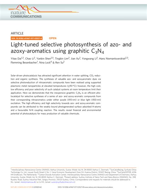 Pdf Light Tuned Selective Photosynthesis Of Azo And Azoxy Aromatics Using Graphitic C3n4