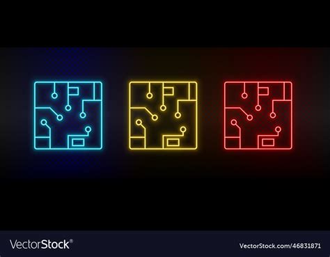 Neon Icons Chip Computer Set Of Red Blue Yellow Vector Image