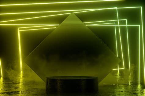 빈 제품 스탠드 연단 자외선 네온 레이저 빛나는 라인어두운 방에서 플랫폼 0명에 대한 스톡 사진 및 기타 이미지 0명 3