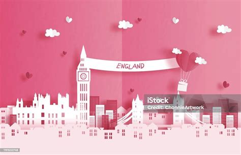 파노라마 여행 엽서와 런던 종이 종이 접기 스타일의 영국 유명한 랜드 마크의 포스터 사랑과 허니문 여행 개념 벡터 그림입니다 0명에 대한 스톡 벡터 아트 및 기타 이미지