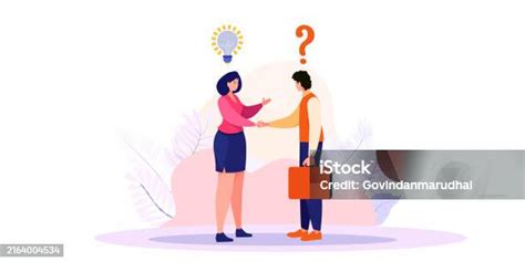 사업가와 여자가 전구로 다른 대답과 함께 물음표를 들고 있습니다 질문과 답변 문제 해결 또는 비즈니스 솔루션 어려움 및 문제