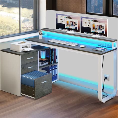 Dextrus L Shaped Desk With Power Outlets And Monitor Stand