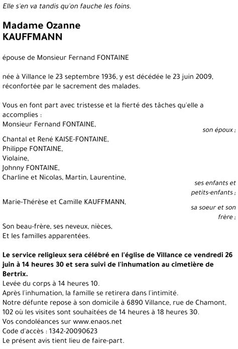 Avis De Décès De Ozanne Kauffmann Décédé Le 23062009 à Villance Annonce Condoléances