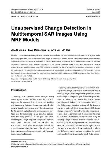 (PDF) Unsupervised change detection in multitemporal SAR images using MRF models
