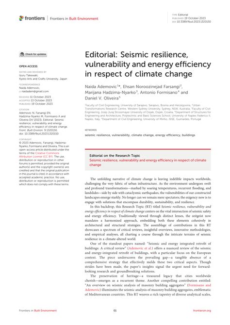 Pdf Editorial Seismic Resilience Vulnerability And Energy Efficiency In Respect Of Climate