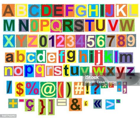 대문자와 소문자 알파벳 숫자 기호 및 각각에 컬러 배경이 있는 기호 벡터 그림입니다 글꼴 예술 합성사진에 대한 스톡 벡터 아트 및 기타 이미지 Istock