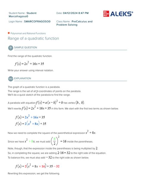 9 Polynomial And Rational Functions Range Of A Quadratic Function Pdf Numerical Analysis