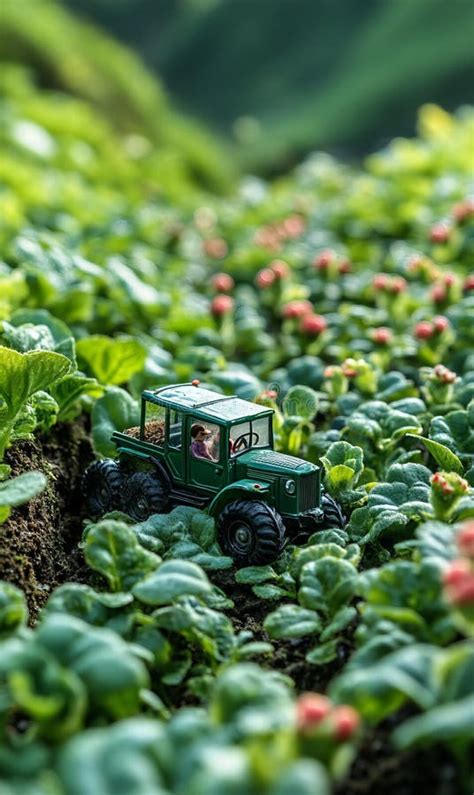 Miniature Tractor Navigating Through Vibrant Green Strawberry Field
