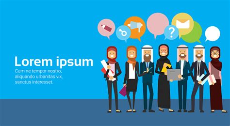 아라비아 사람 그룹 채팅 파란색 배경 위에 거품 평면 복사 공간 옷 전체 길이 아랍 비즈니스 팀 전통적인 입고 경영자에 대한 스톡 벡터 아트 및 기타 이미지 Istock