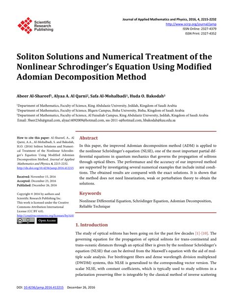 Pdf Soliton Solutions And Numerical Treatment Of The Nonlinear Schrodingers Equation Using