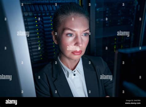 System Administrator Working On Cyber Security In Data Center Stock